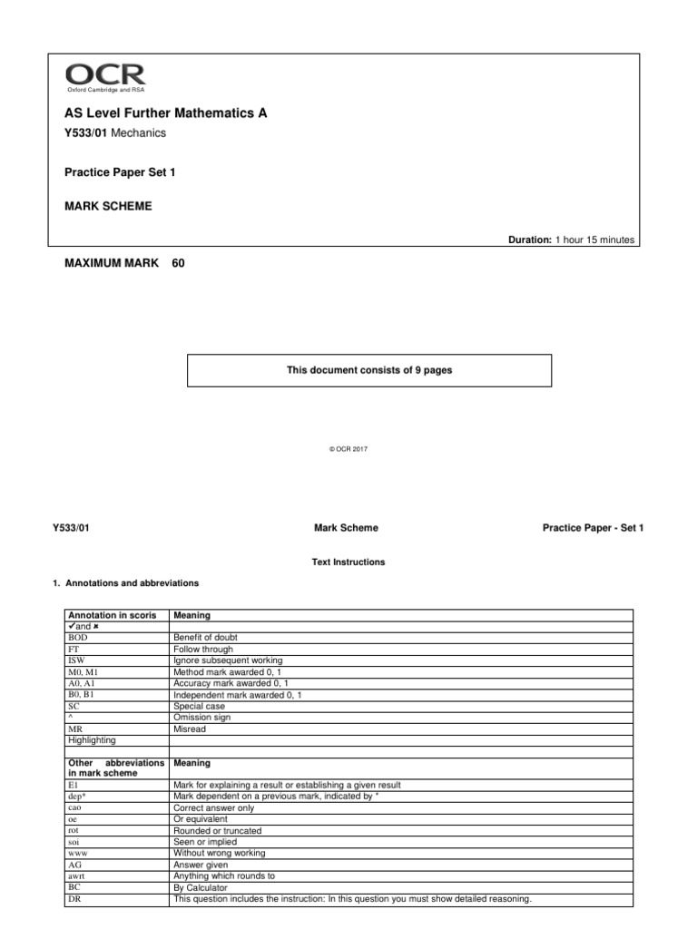 OCR Further Mathematics Mechanics PP1 MS | PDF | Mechanics
