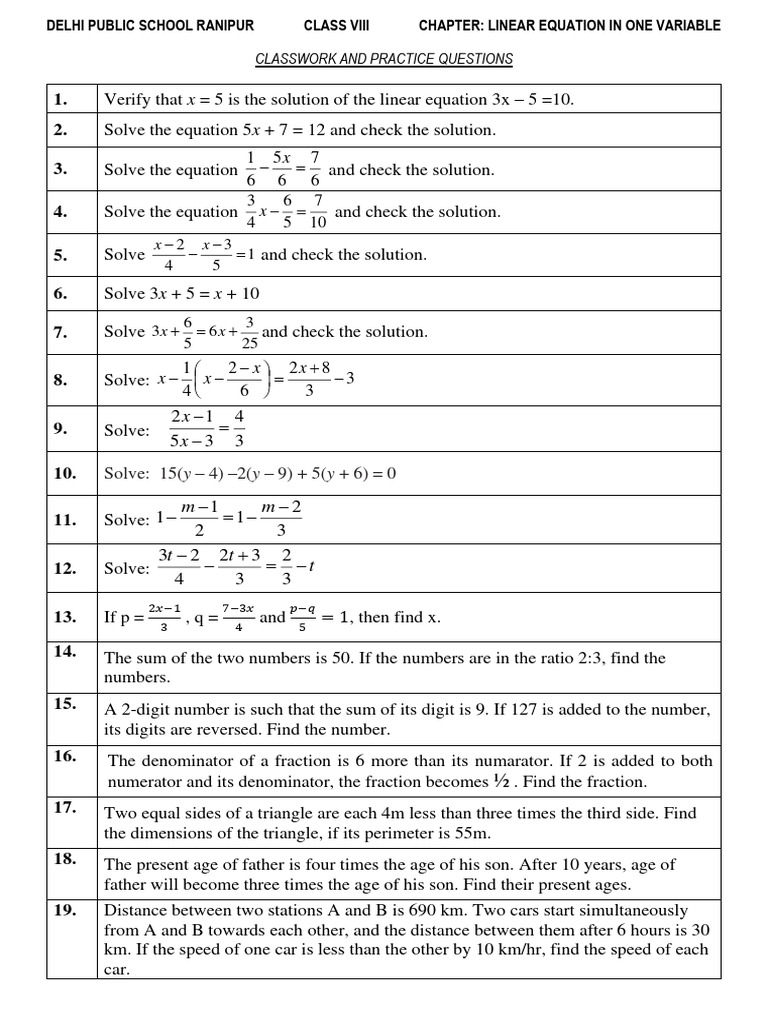 CW Linear Equation in One Variable 1 | Download Free PDF | Equations | Algebra