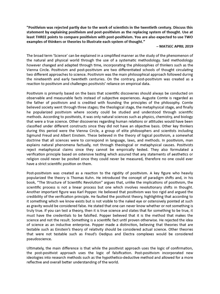 Positivism and Post-Positivism analysis - Systems of Knowledge | PDF | Positivism | Science