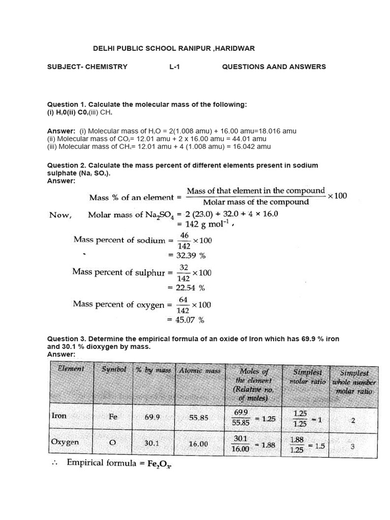 l1 Questions and Answers Class Xi Chemistry | PDF | Stoichiometry ...