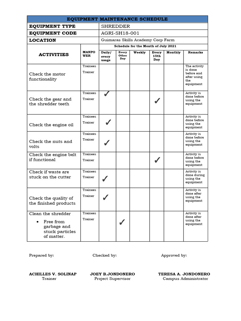 Equipment Maintenance Schedule 2021 | PDF