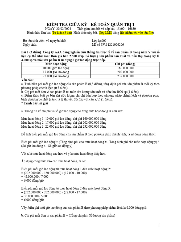 Kiem Tra Giua Ky Ke Toan Quan Tri 1 C 200224 | PDF