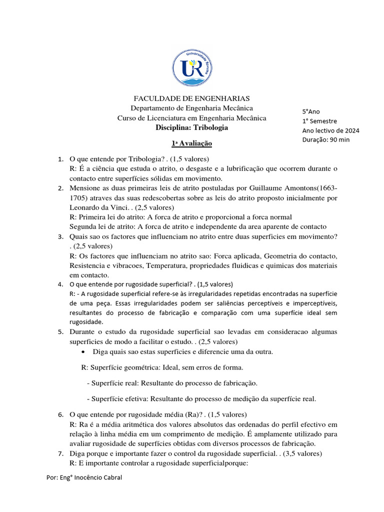 Correccao Da Primeira Avaliacao | PDF | Atrito | Vestir-se