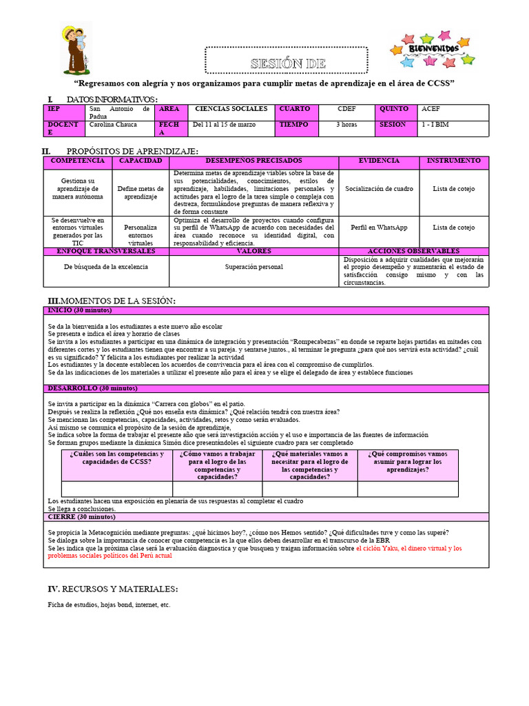 Sesion CCSS Bienvenida | PDF | Aprendizaje | Evaluación