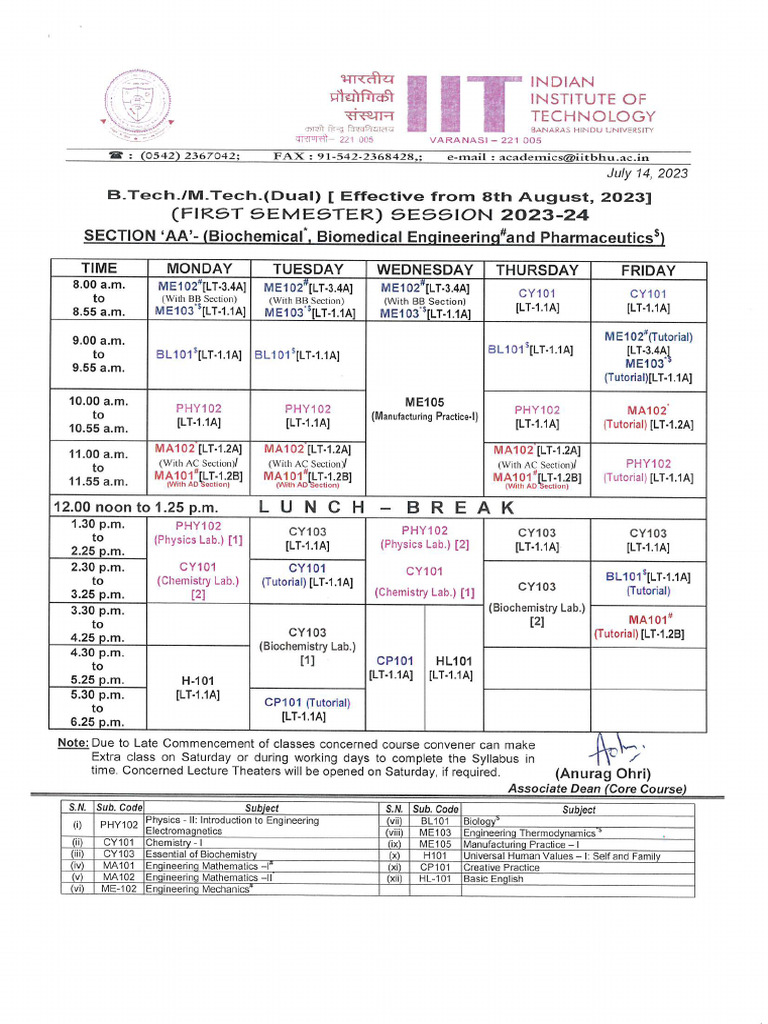 Class Time Table of B.tech.B.arch - IDD (B.tech.+ M.tech.) Students ...