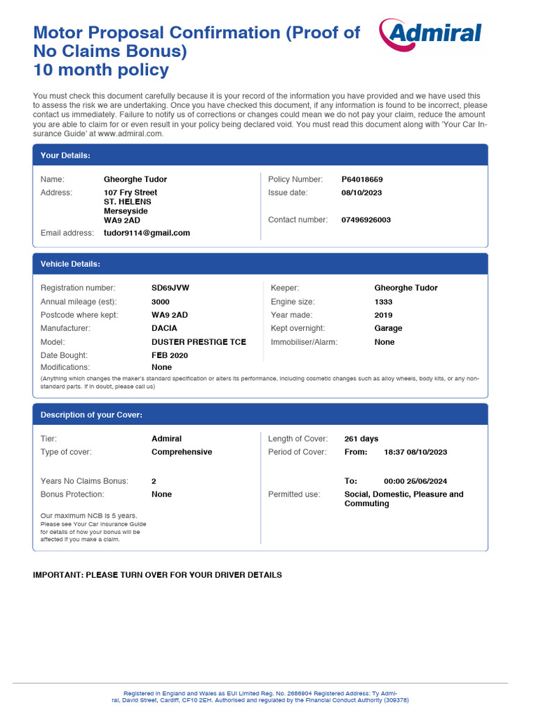 Motor Proposal Confirmation | PDF | Vehicle Insurance | Insurance