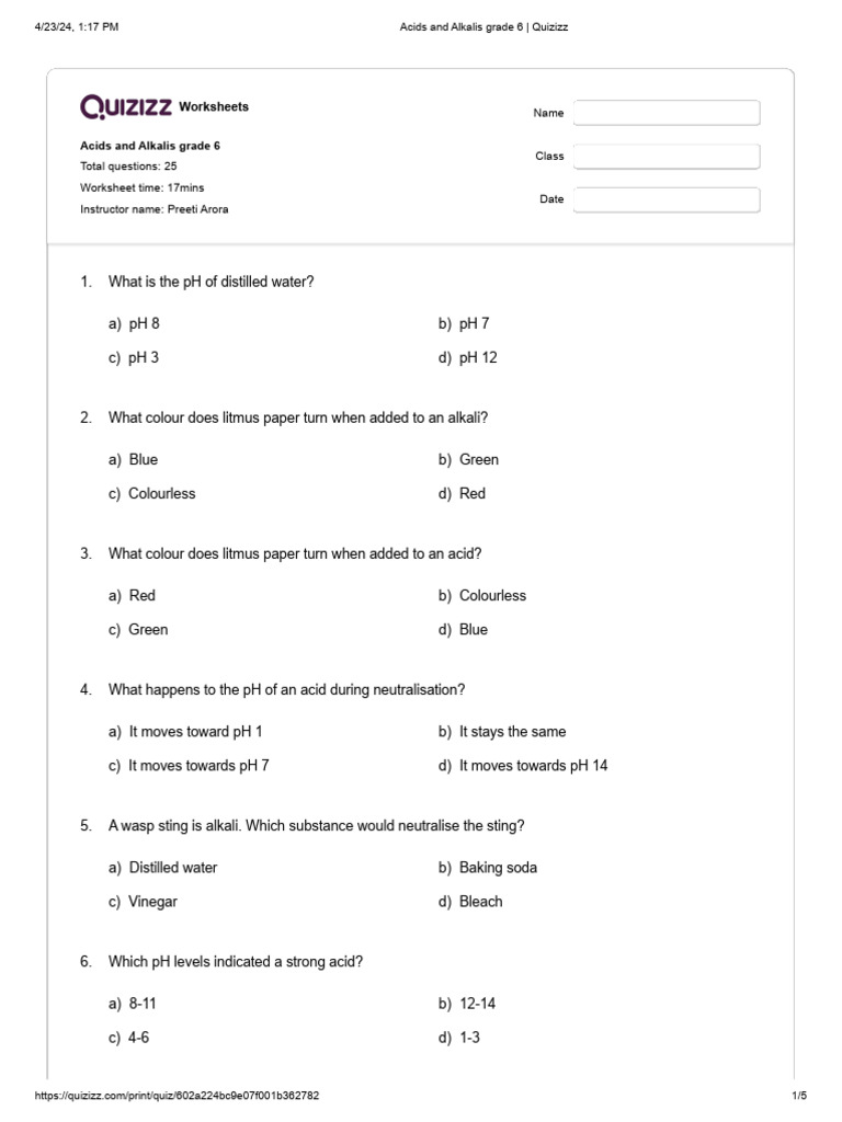 Grade 6 Acids and Alkalis Quiz | PDF | Acid | Chemical Substances