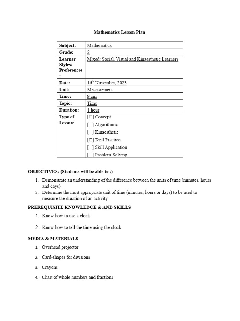 Math Lesson Plan 4 | PDF | Hour | Learning