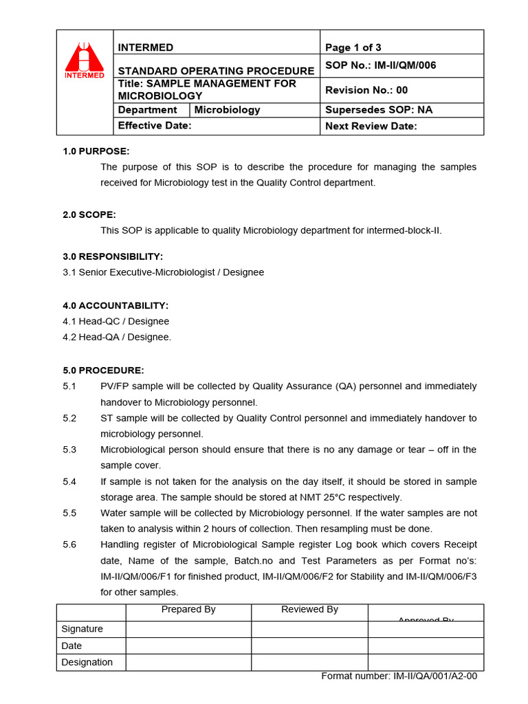 Im Ii Qm 006 Sample Management For Microbiology Pdf Quality