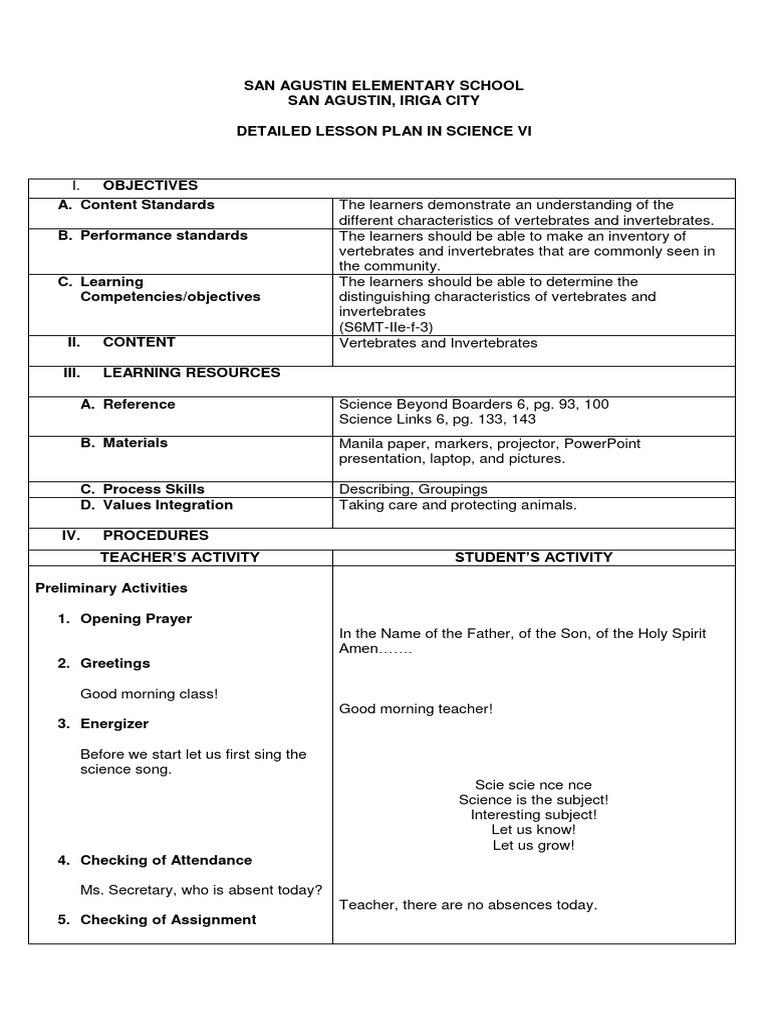 Detailed Lesson Plan in Science Vi | PDF | Invertebrate | Vertebral Column