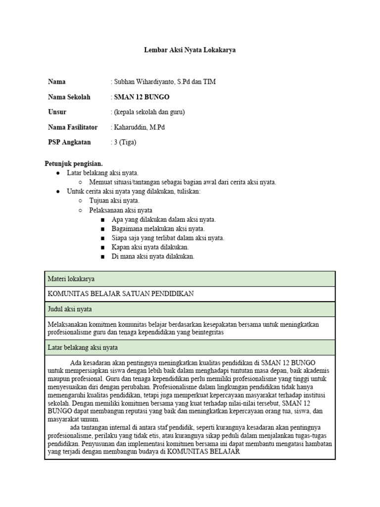 Lembar Aksi Nyata Lokakarya SMAN 12 BGO | PDF