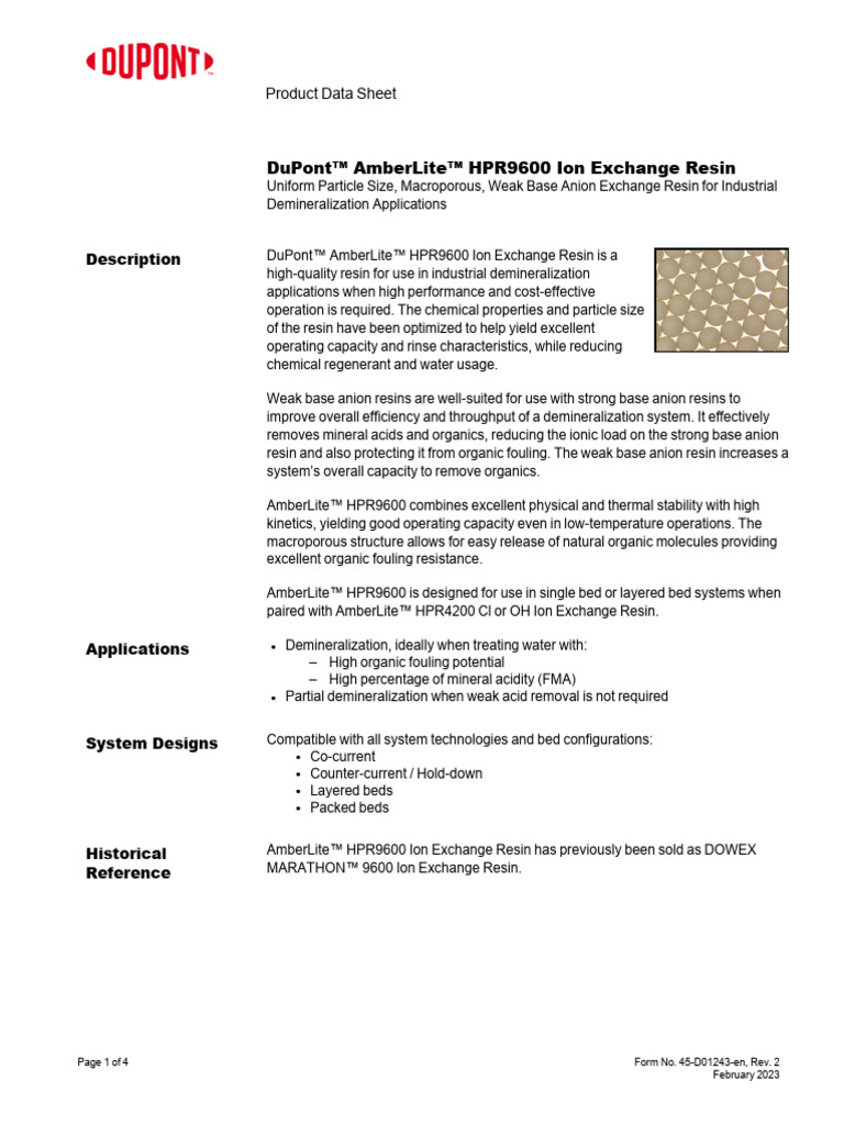 IER AmberLite HPR9600 PDS 45 D01243 en | PDF | Ion | Ionic Bonding