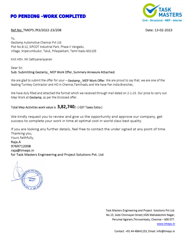 Quotation For Water Pipe Line Work - Getstam - Maintance Activities ...