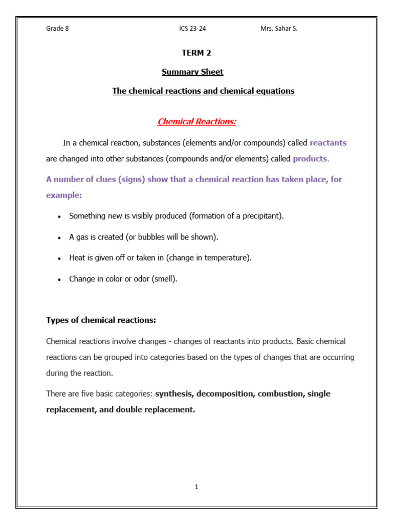 Summary Sheet - Chemical Reactions and Chemical Equations | PDF ...
