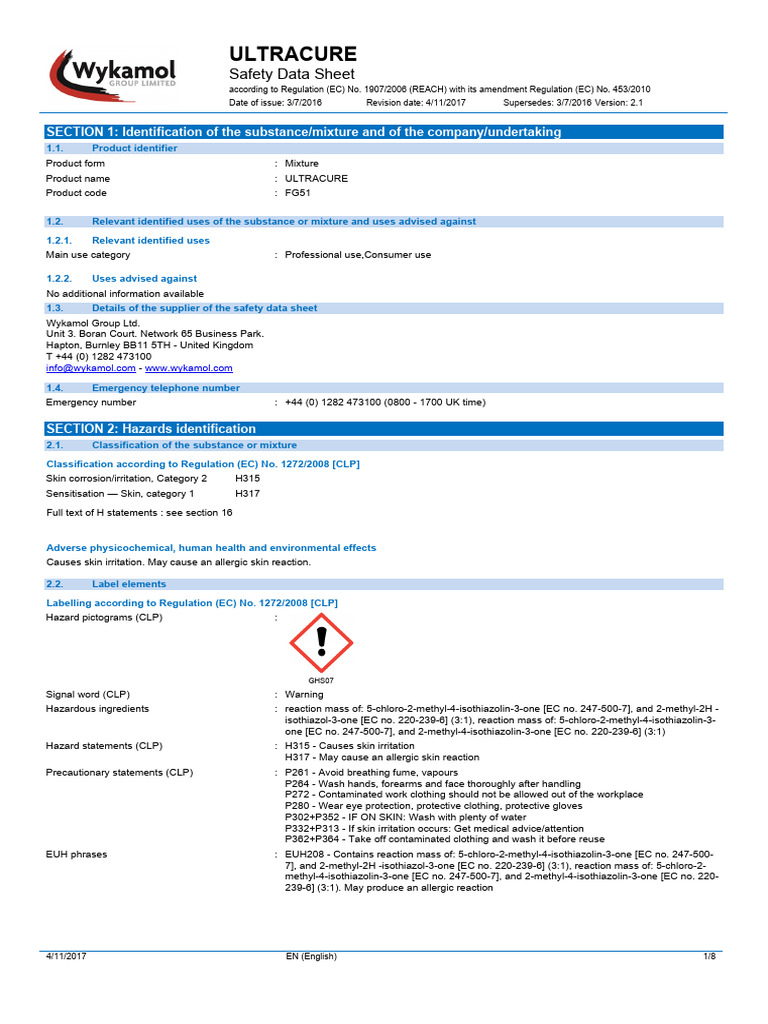 SDS Ultracure 2017 | PDF | Firefighting | Personal Protective Equipment