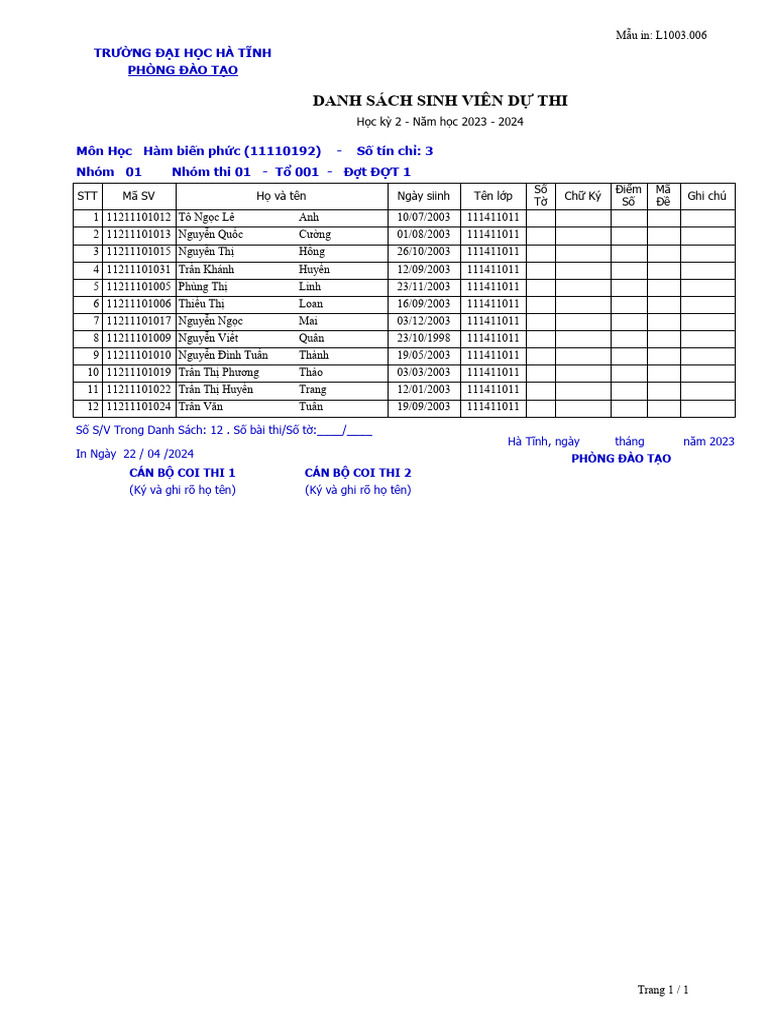 DS Sinh Viên Dự Thi HK2 2023 2024 | PDF