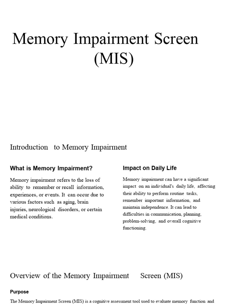 memory impairment screen | PDF | Memory | Recall (Memory)