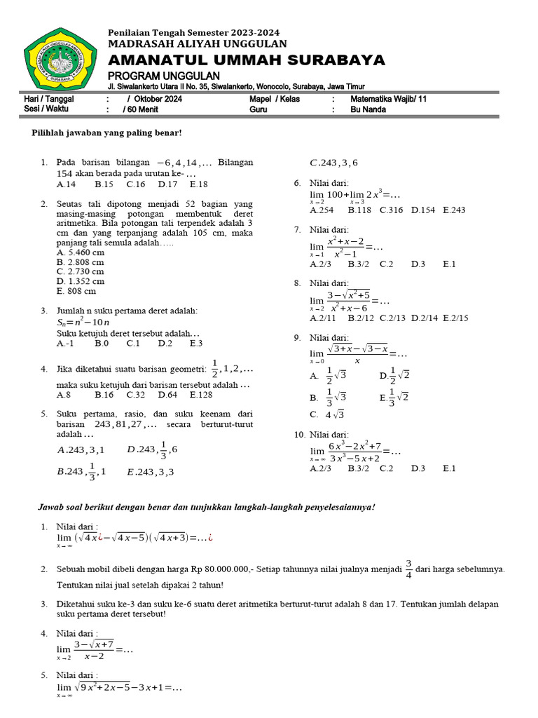 PTS Matwa Kelas Xi SMS Genap 2024 | PDF