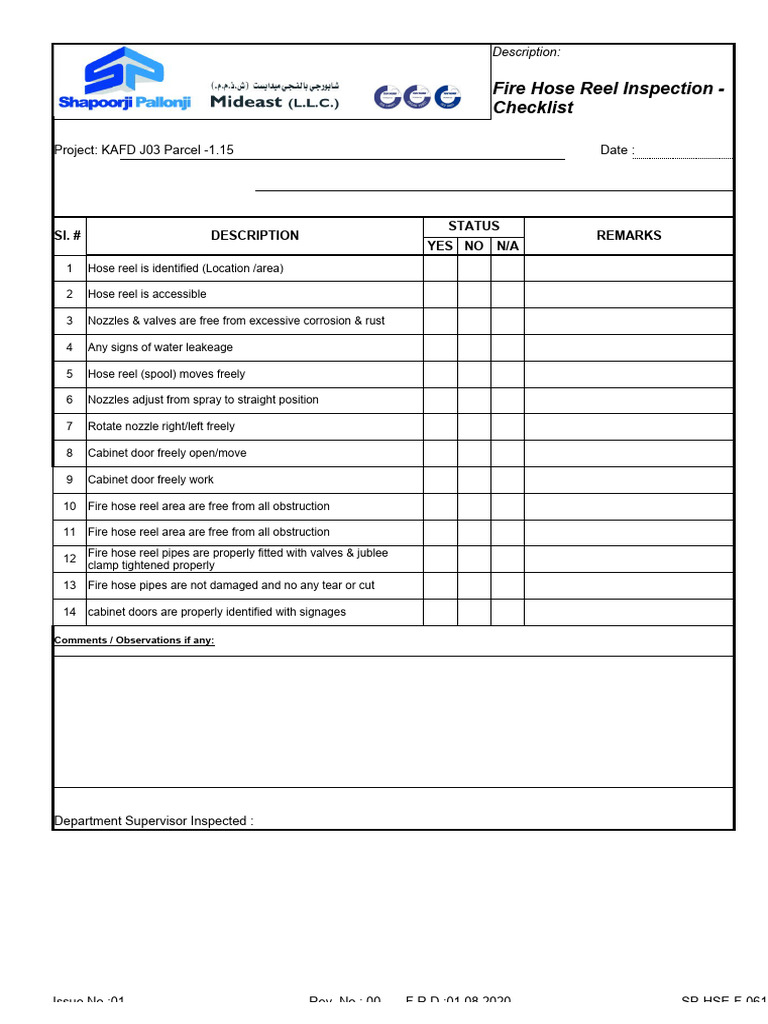 SP Hse F 062 Fire Hose Reel Checklist1 | PDF