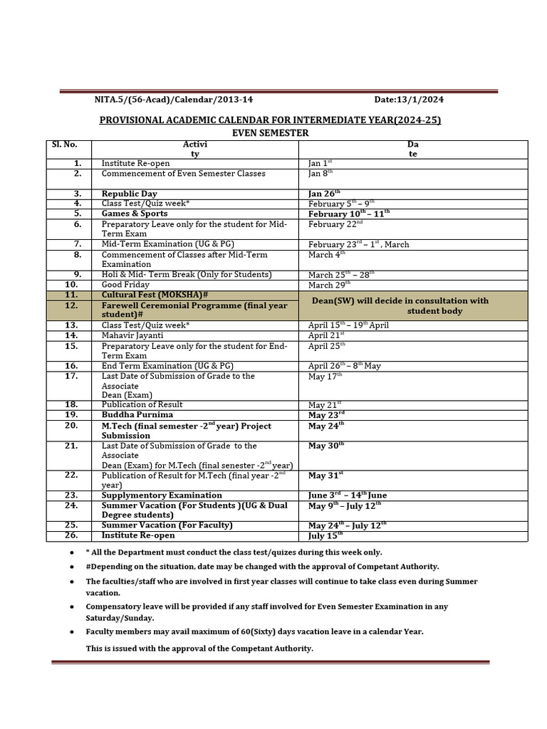 Academic Calendar For Even Semester 2024 | PDF | Academic Term | Schools