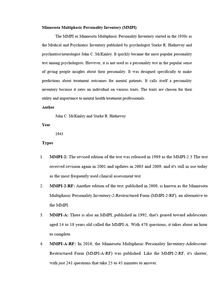 Minnesota Multiphasic Personality Inventory | PDF | Psychological ...