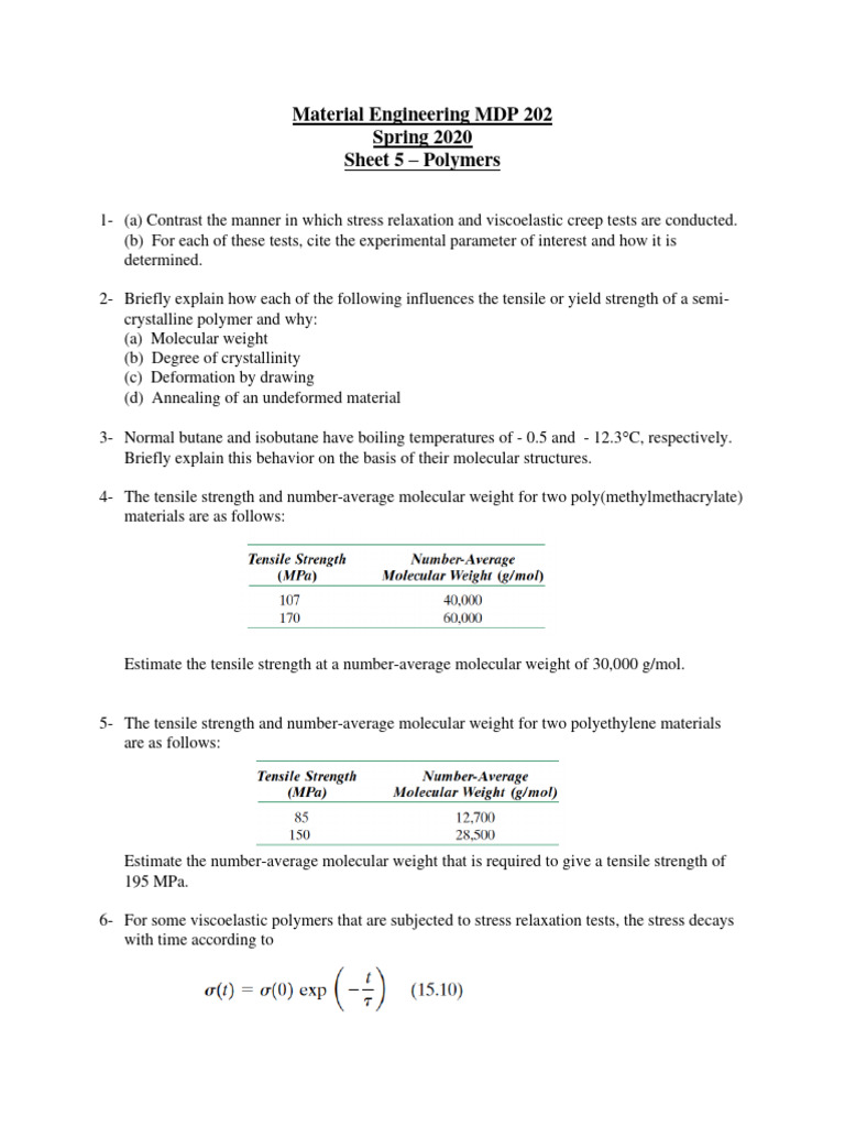 Sheet05 Polymers | PDF | Viscoelasticity | Strength Of Materials Sheet05 Polymers | PDF | Viscoelasticity | Strength Of Materials
