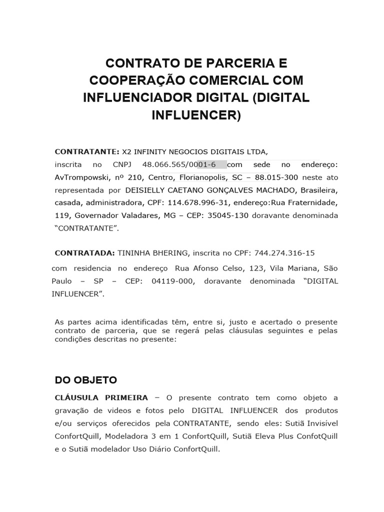 Modelo Contrato Digital Influencer | PDF | Direito Comum | Direito Privado