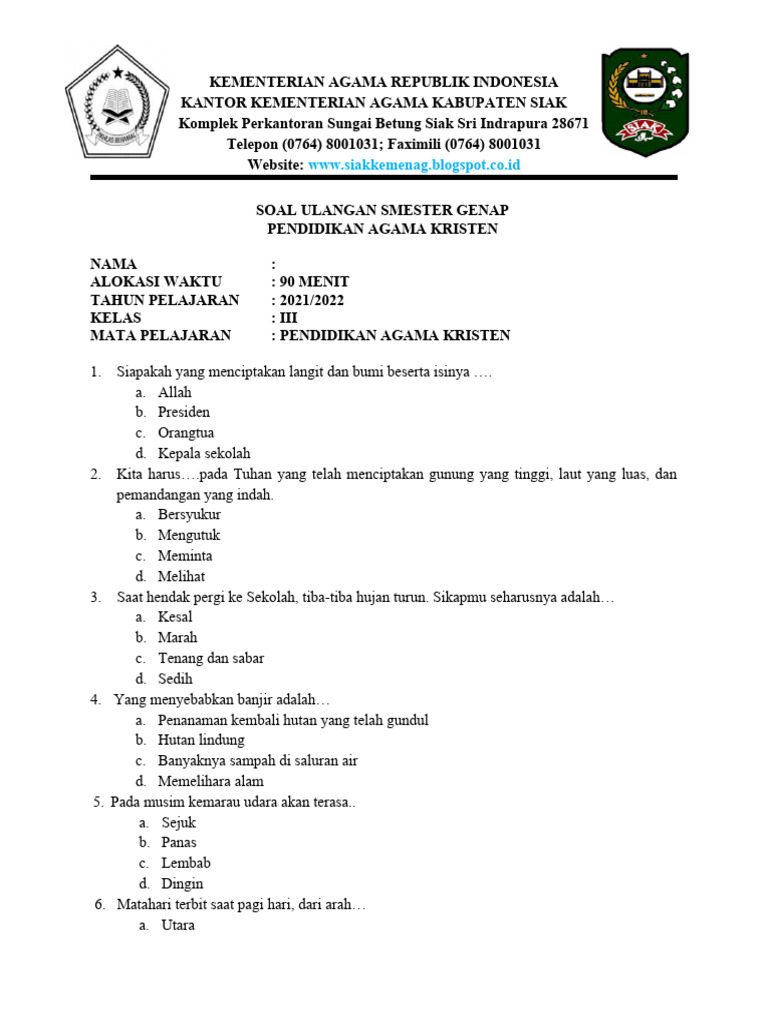 Soal Ujian Agama Kristen Kls 3 | PDF | Griya & Taman