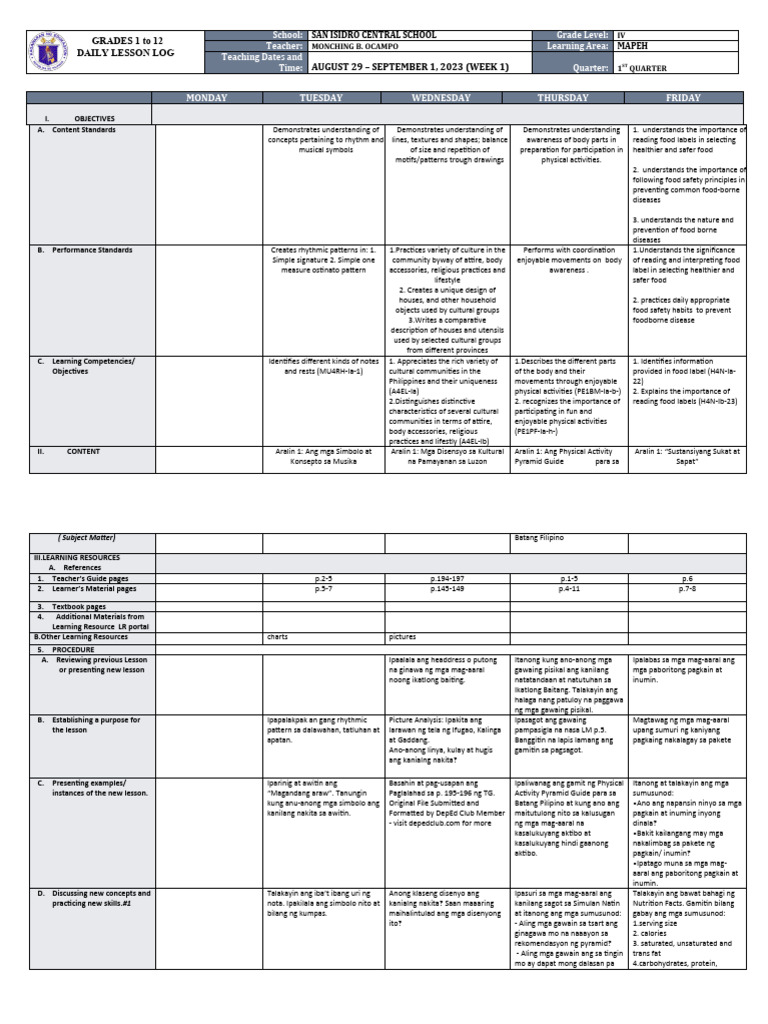DLL - Mapeh 4 - Q1 - W1 | PDF