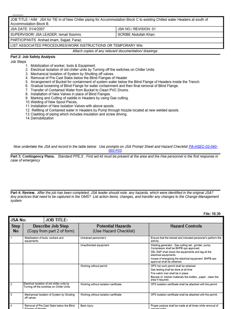 16-070331 JSA For The Tie-In of Chilled Water Headers at Accomodation ...