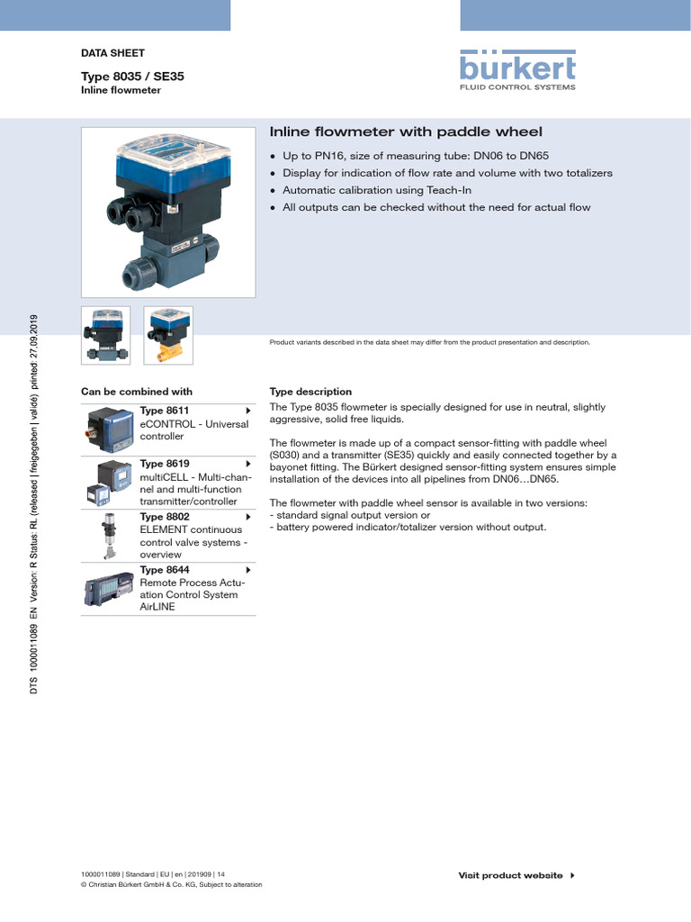 Burkert Type 8035 INLINE Paddlewheel Flowtransmitter Datasheet(1) | PDF | Flow Measurement ...