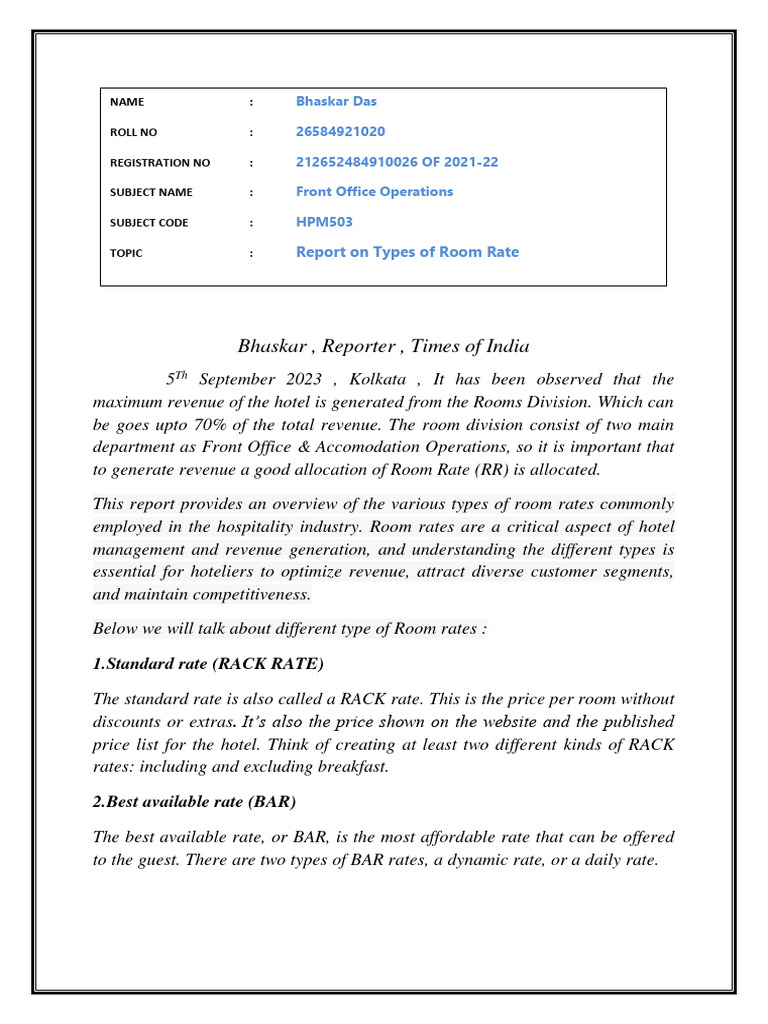 Bhaskar Das (Front Office) | PDF | Hotel | Pricing