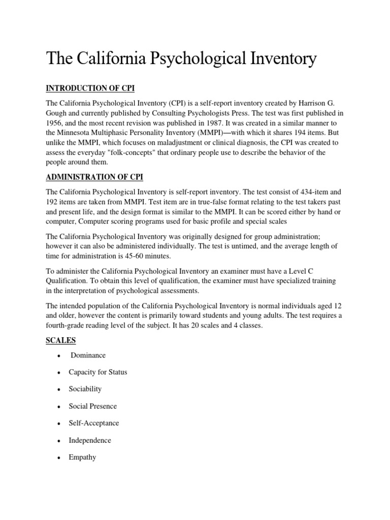 The California Psychological Inventory: Introduction of Cpi | PDF ... The California Psychological Inventory: Introduction of Cpi | PDF ...