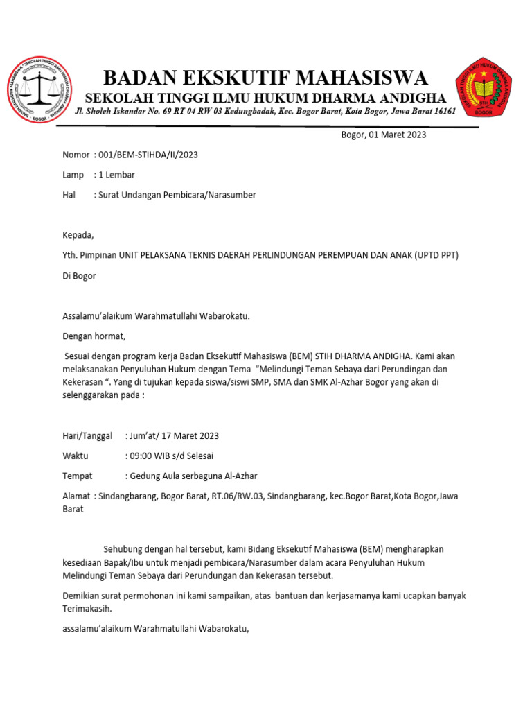 Surat Undangan Permohonan Narasumber Uptd Ppa Kota Bogor | PDF | Karier ...