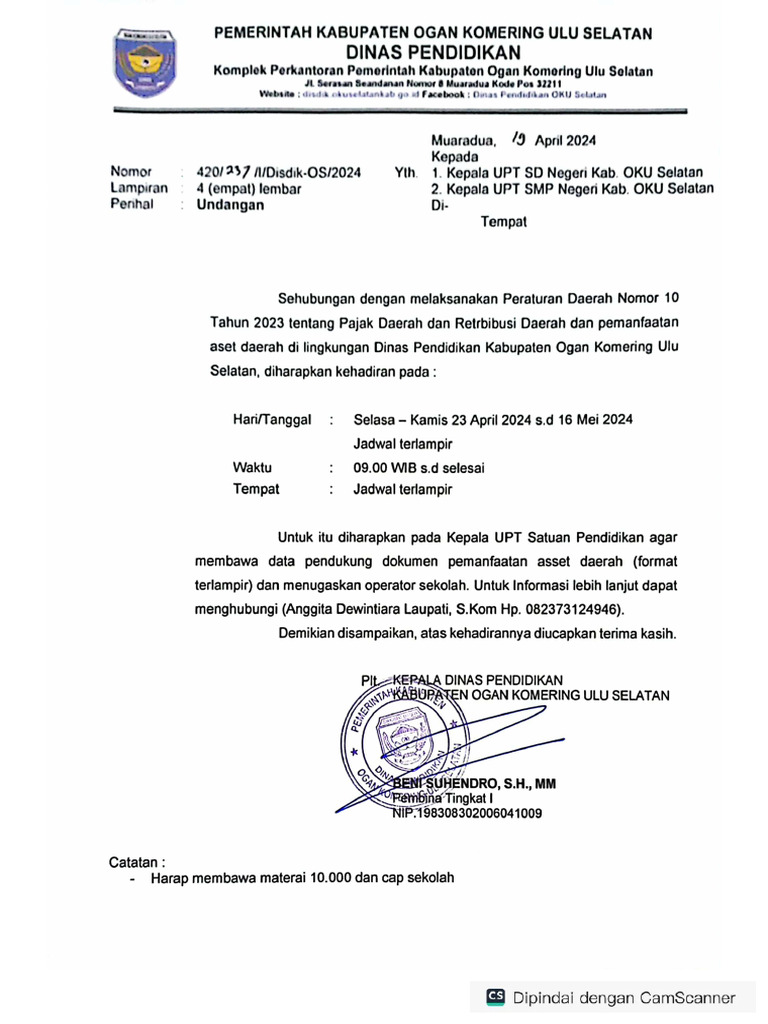 Undangan Pemanfaatan Aset Daerah Disdik OKUS | PDF