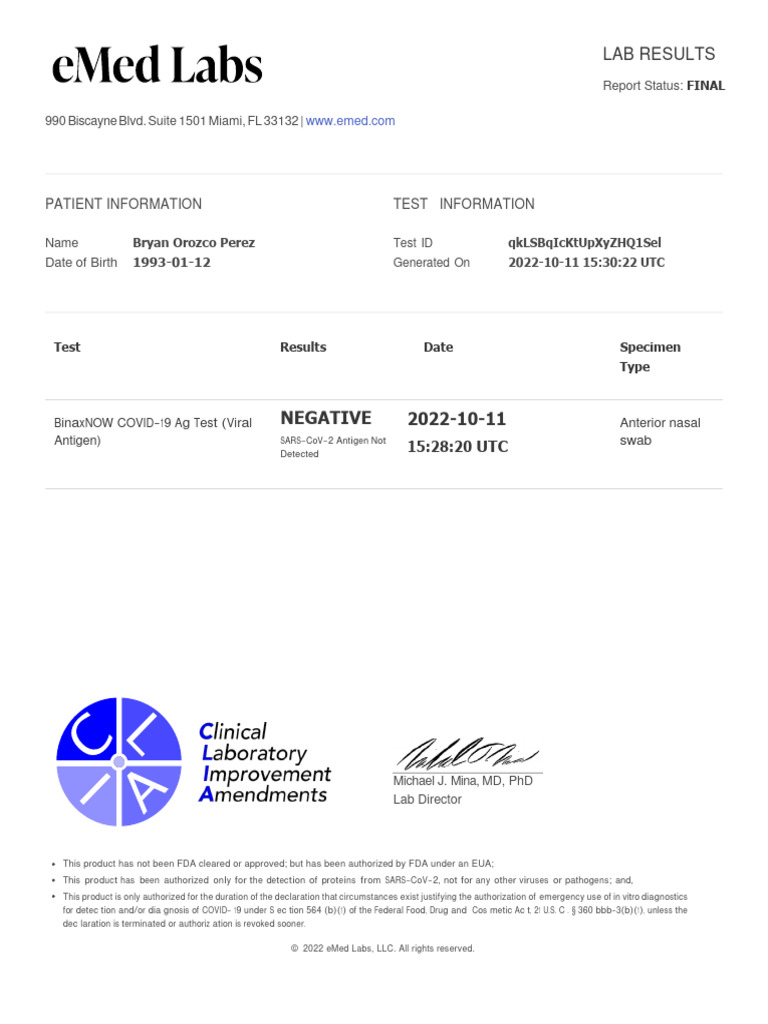 Emed-Lab-Results-Bryan Orozco Perez | PDF | Biology | Virus