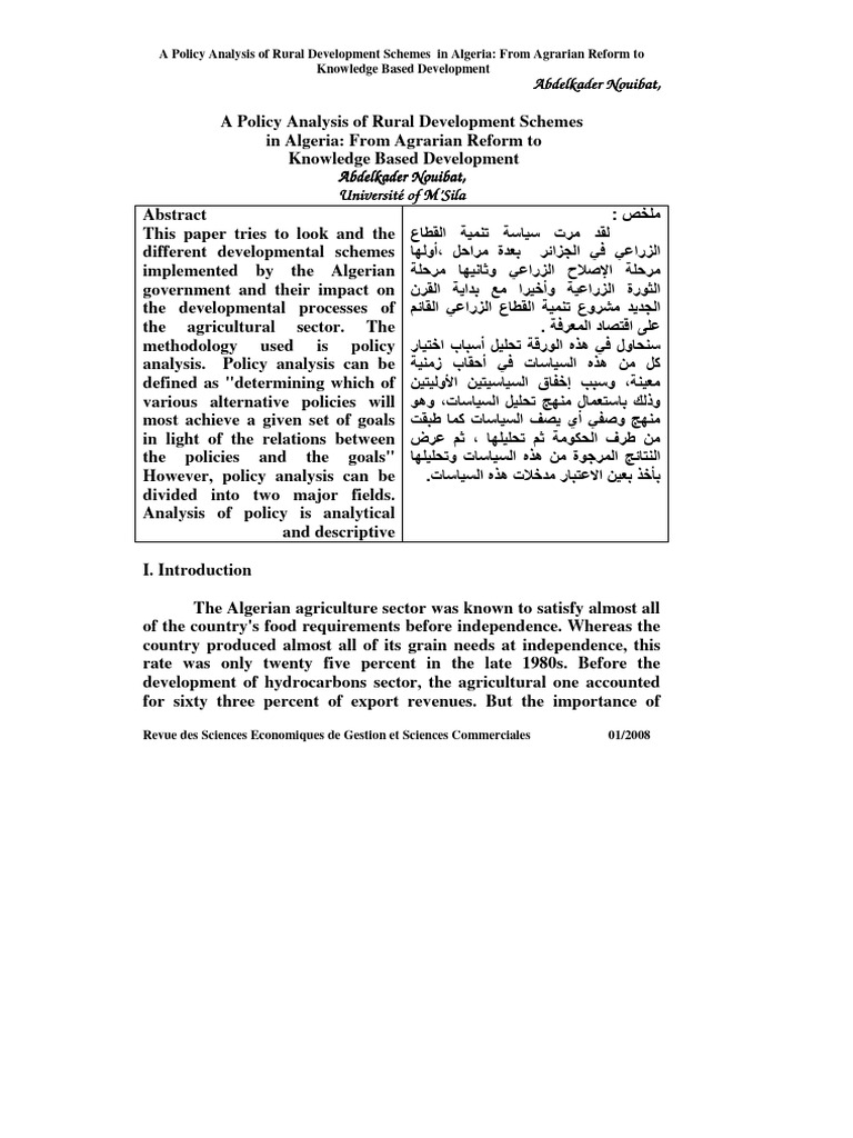 A Policy Analysis of Rural Development Schemes in Algeria From Agrarian Reform To Knowledge ...