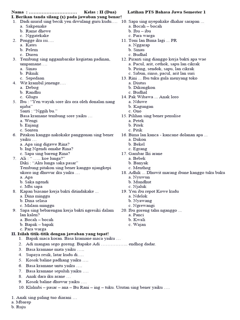 PTS Bahasa Jawa Kelas 2 Semester 1 | PDF