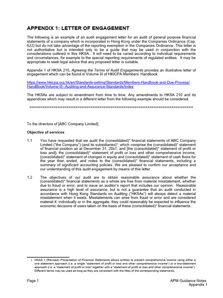 Appendix 1 - Letter of Engagement | Download Free PDF | Audit | Going Concern