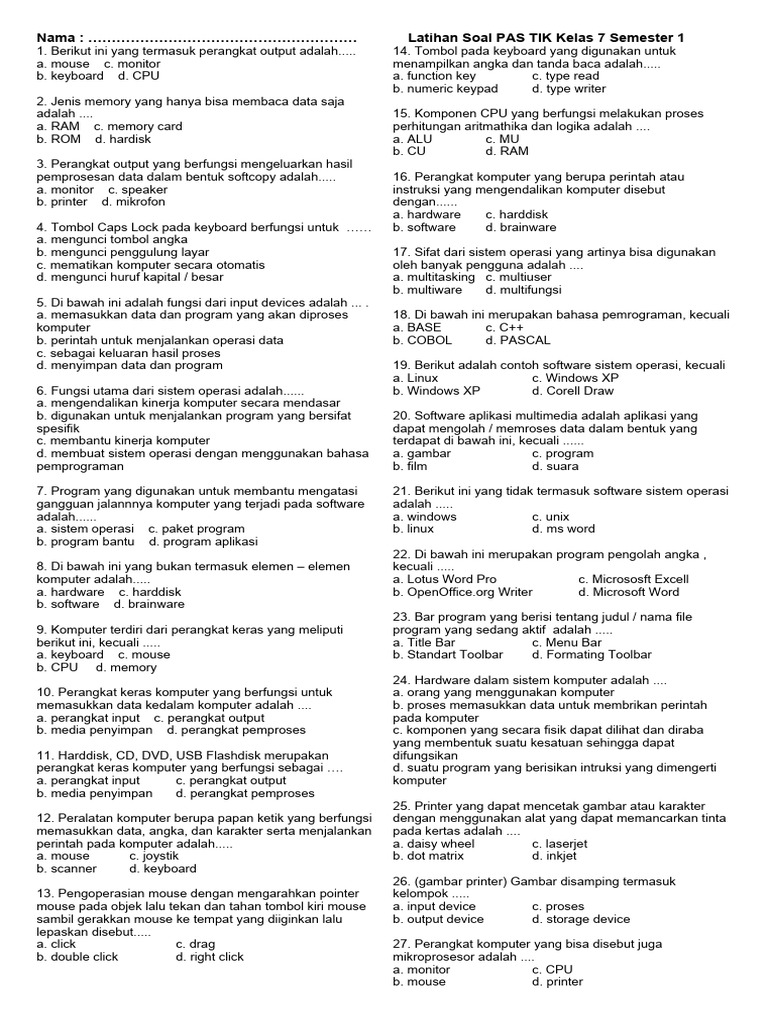 Latihan Soal PAS TIK Kelas 7 Semester 1 | PDF | Komputer