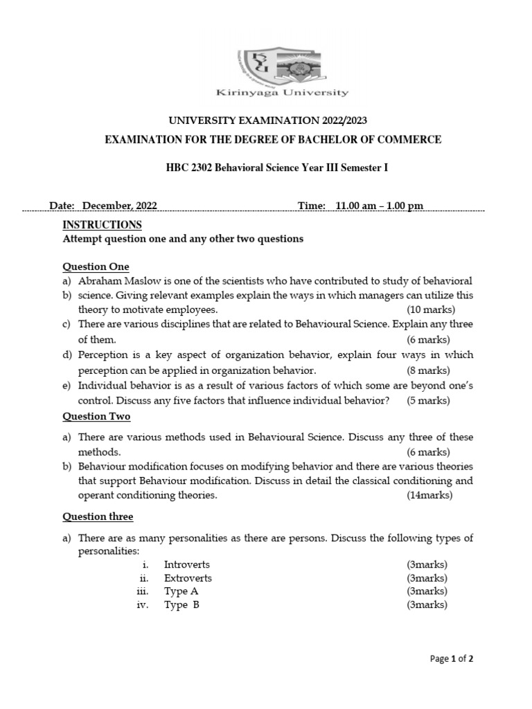 HBC 2302 Behavioral Science Year III Semester I | PDF | Behavioural Sciences | Behavior