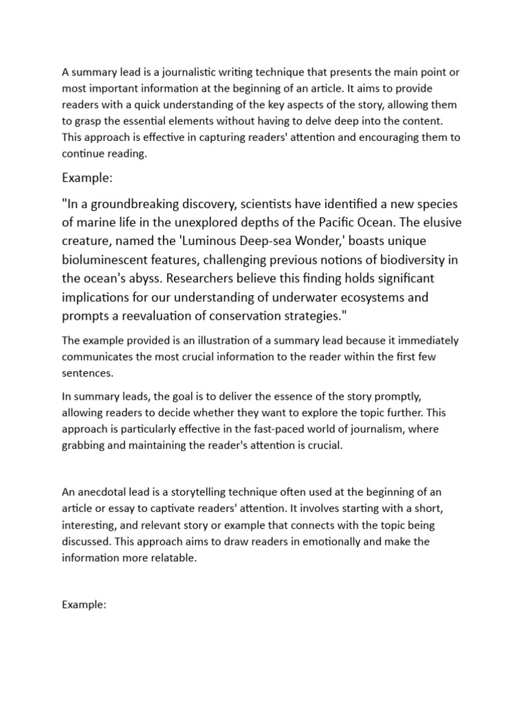A Summary Lead Is A Journalistic Writing Technique That Presents The ...