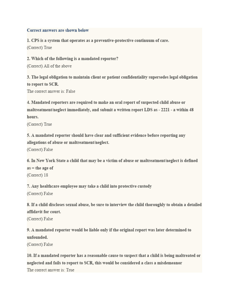Child Abuse Training Answers | PDF | Child Abuse | Child Protective ...