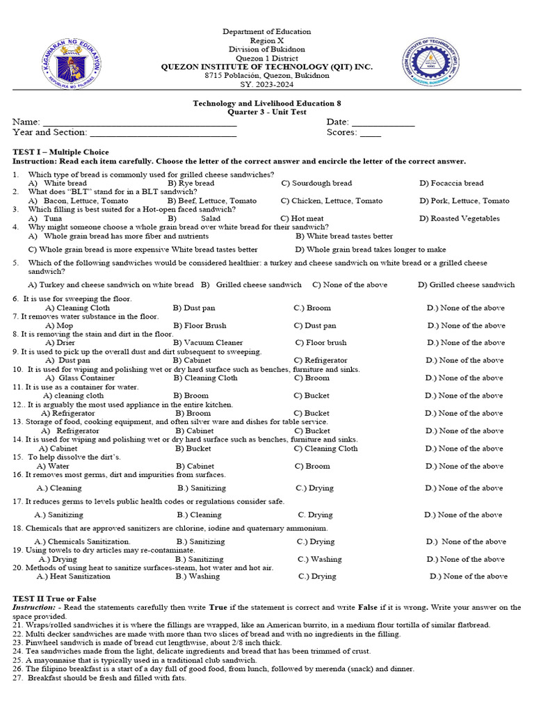 TLE 8 Periodical Exam 3rd Quarter | PDF | Breads | Food And Drink ...