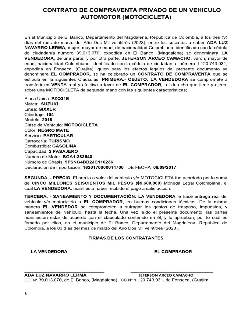 CONTRATO DE COMPRAVENTA moto JOSE RICARDO URIBE GONZALEZ MARCA SUZUKI ADA LUZ NAVARRO LERMA ...