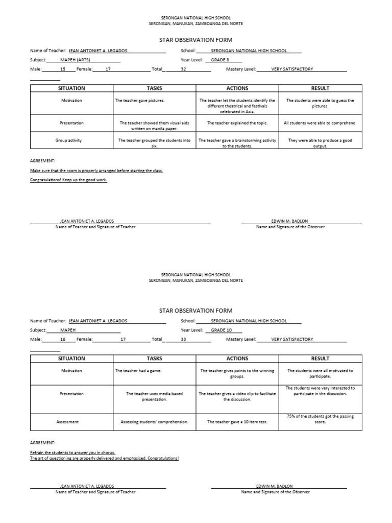STAR OBSERVATION FORM | PDF | Cognitive Psychology | Human Communication