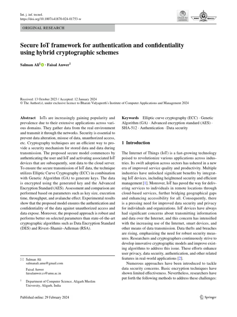 Secure Iot Framework For Authentication and Confidentiality Using Hybrid Cryptographic Schemes ...