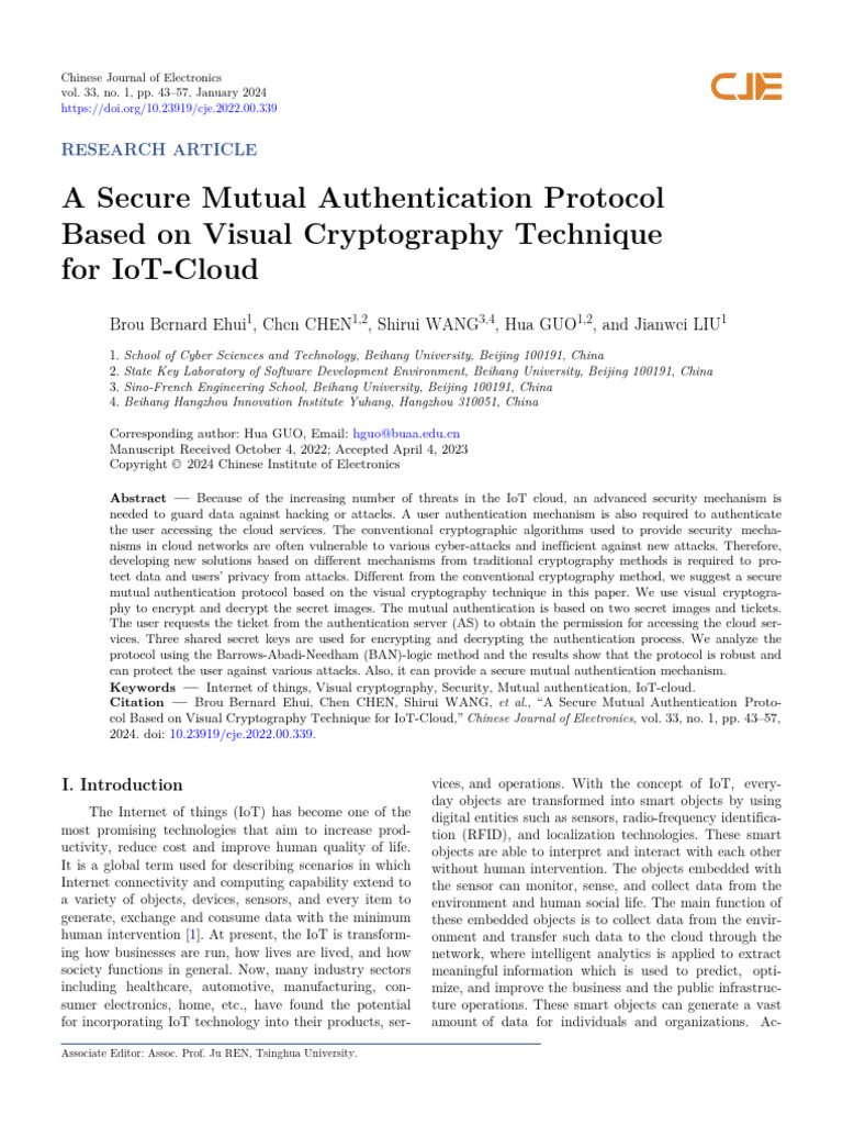 A Secure Mutual Authentication Protocol Based On Visual Cryptography Technique For IoT-Cloud ...