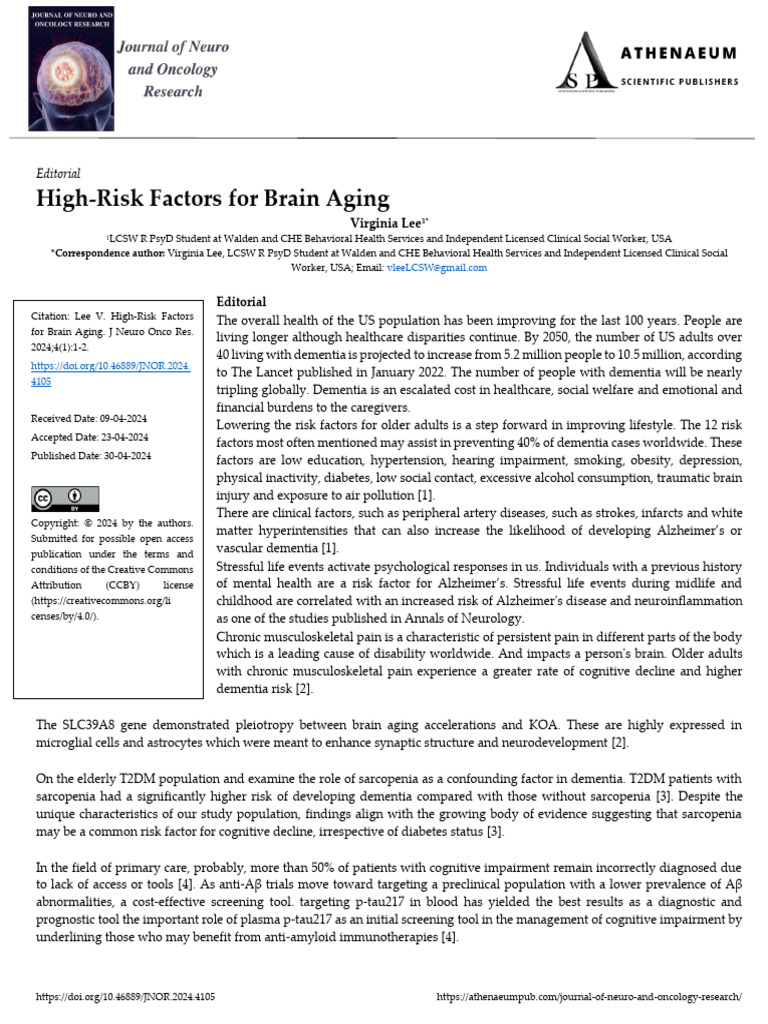High Risk Factors For Brain Aging Pdf Dementia Alzheimer S Disease