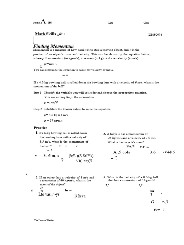 Momentum Worksheet Answer Keys | PDF | Momentum | Force